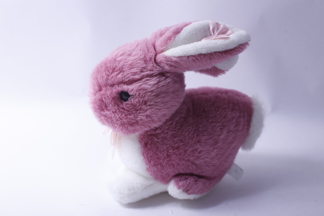 Pink White Rabbit, Plush, Cute Sitting Bunny, Pink Collar Ribbon, Soft ...