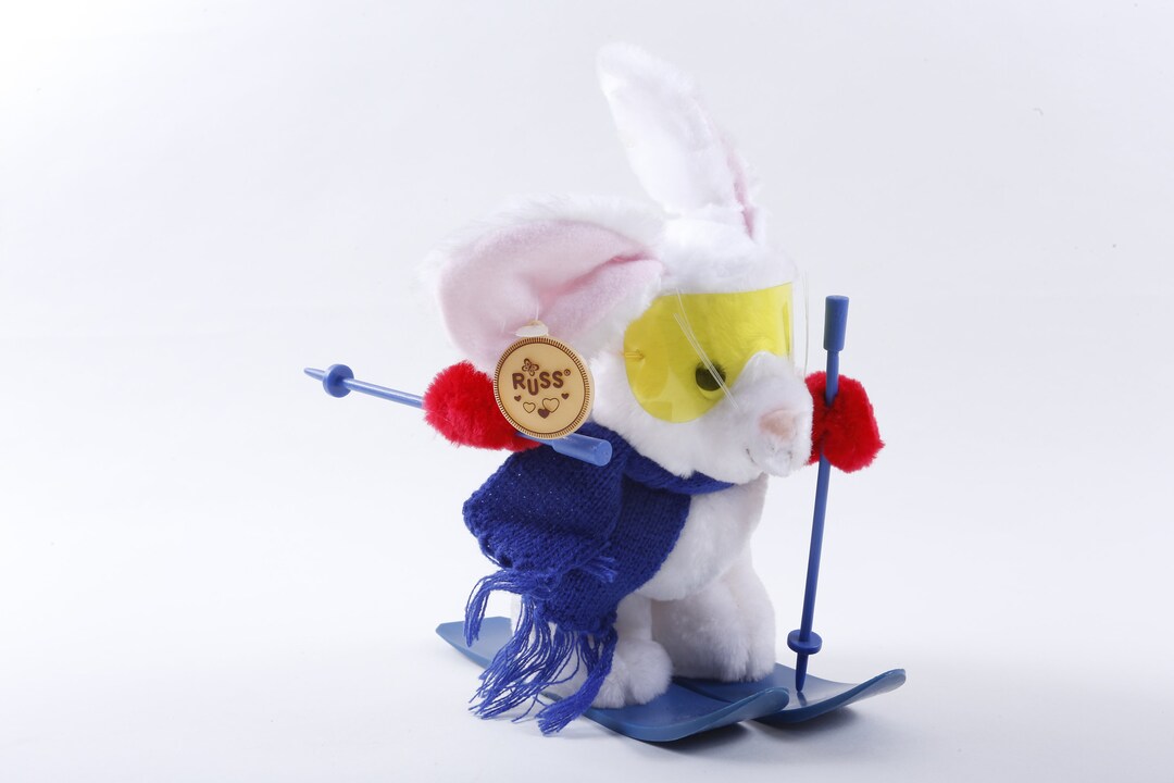 Russ White Rabbit Skier Plush Soft Toy Blue Skis Yellow Glasses Blue ...