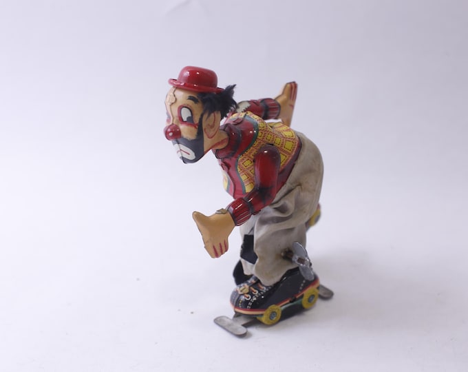 Mechanical Clown on Roller Skates Wind-up Toy, Tin Figure, Works, Made ...