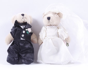 Vintage Pair of Joined Bride and Groom Bears Wearing A suit and wedding ...