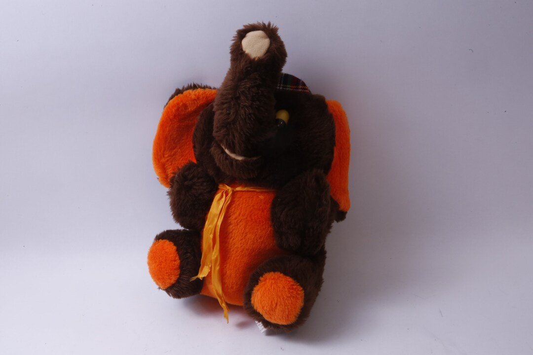 1970s 70s Brown Orange, Elephant, Tartan Top Head, Sitting, 12", Plush ...