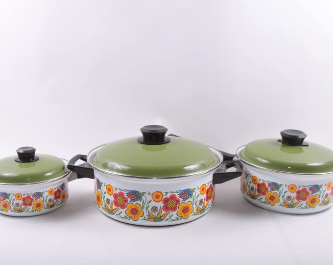 1960s, 1970s Retro Pots and Pans, Set, Floral, Green, Vintage, Frying ...