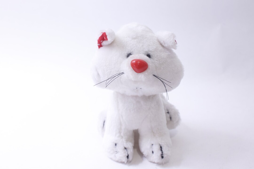 Cute White Plush Cat With Red Nose and Ears, Adorable, Soft Toy, 7 ...
