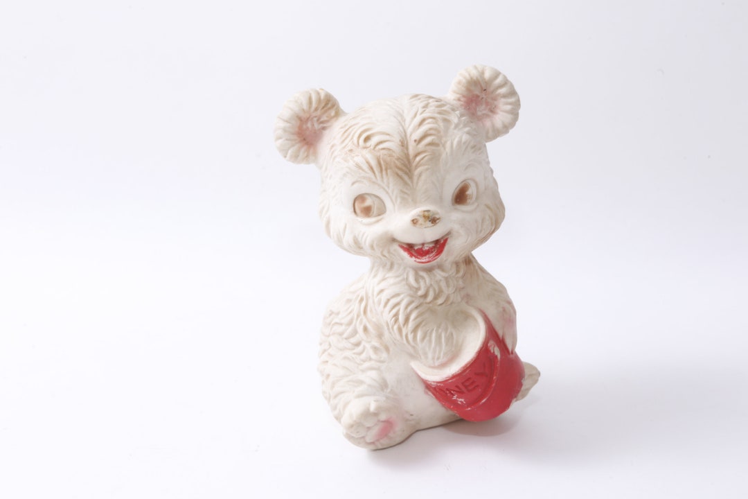 60s, Teddy Bear, White, Honey, Squeaky, Squeeze Toy, Rubber, PVC Figure ...