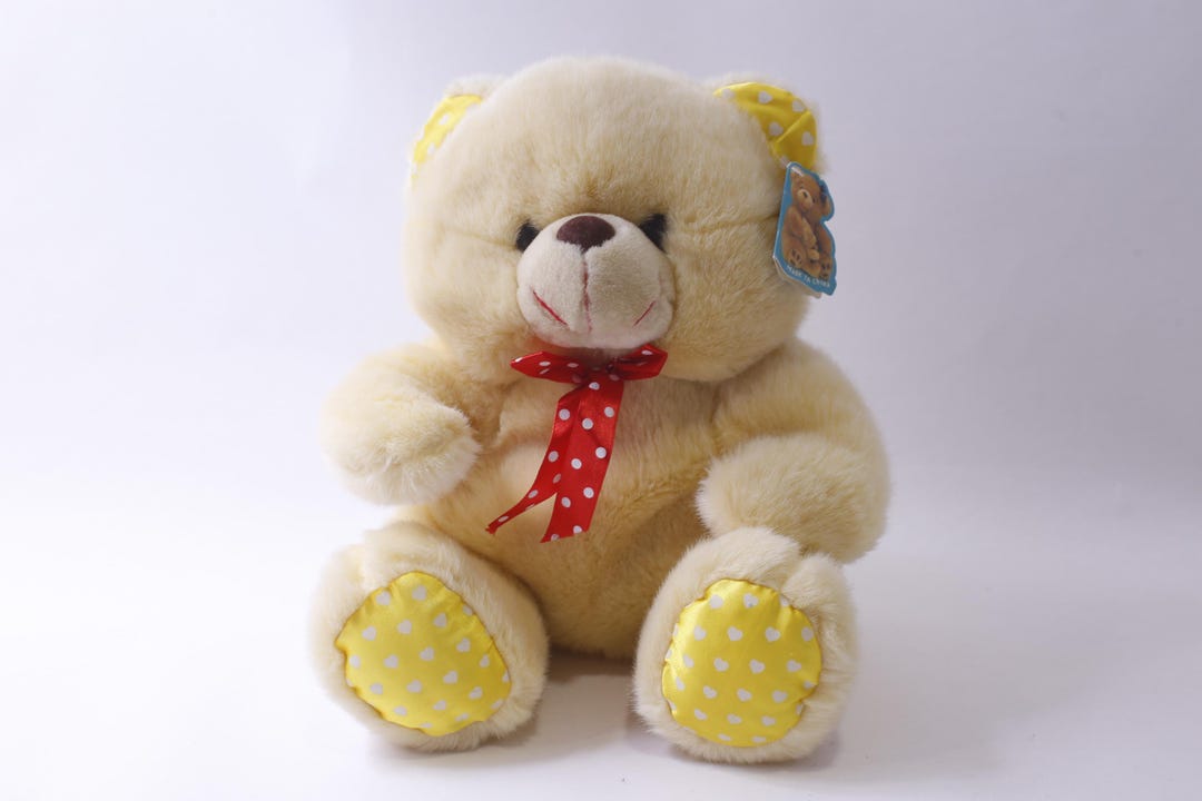 1980s With Tag Cute Yellow Teddy Bear Wearing Red Bow Tie, NYTE, Plush ...