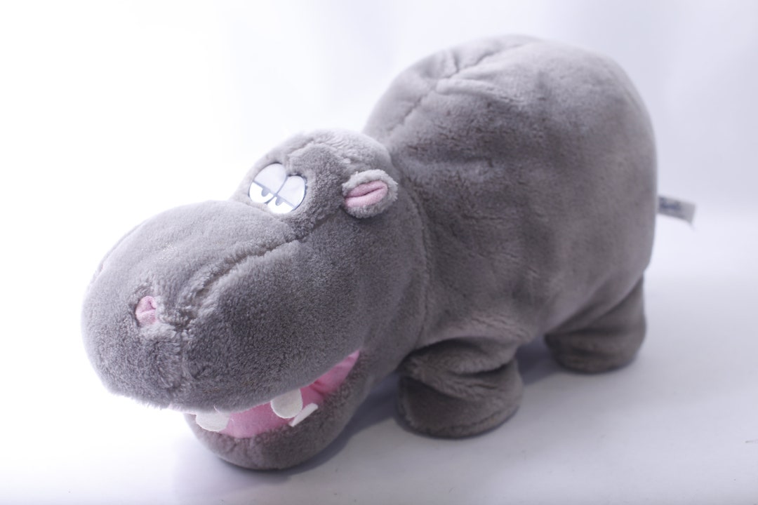 Gray Plush Hippo With Open Mouse, by Presents, Stuffed Animal, Wildlife ...