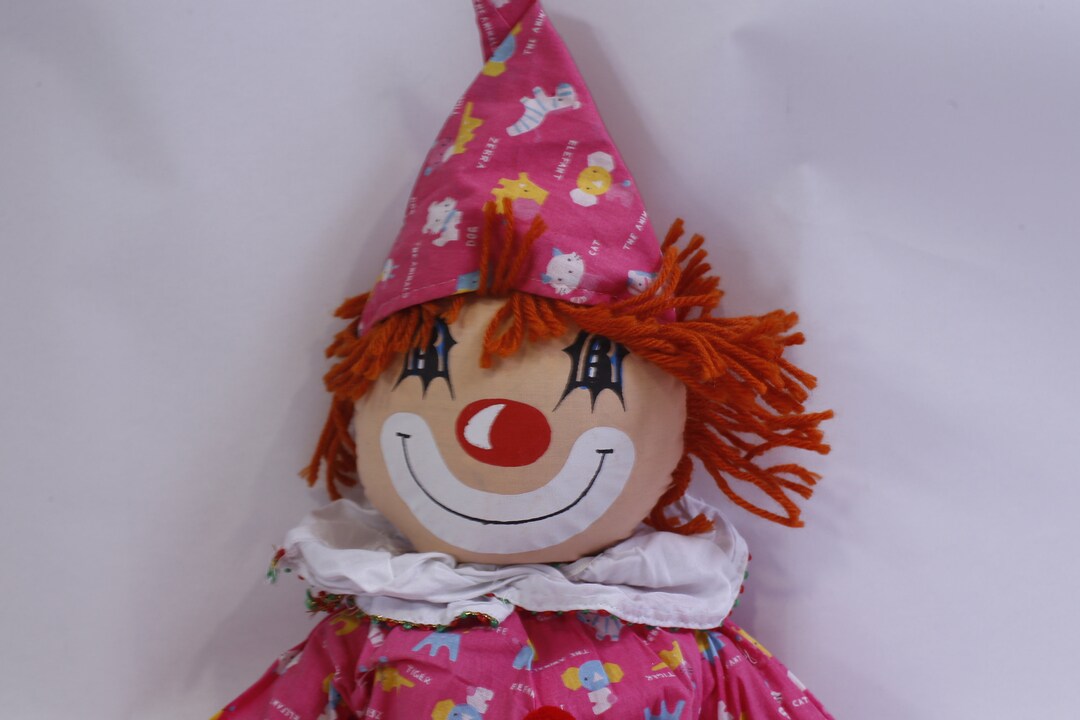 Vintage Clown Ragdoll, Handmade, Plush, Red Hair, Pink, Colorful, Soft ...