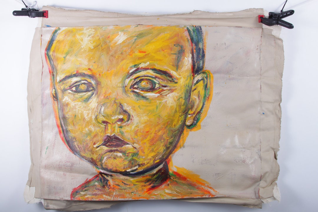 Vintage Canvas Abstract Yellow Baby Face Painting Estate Sale Sad Child ...