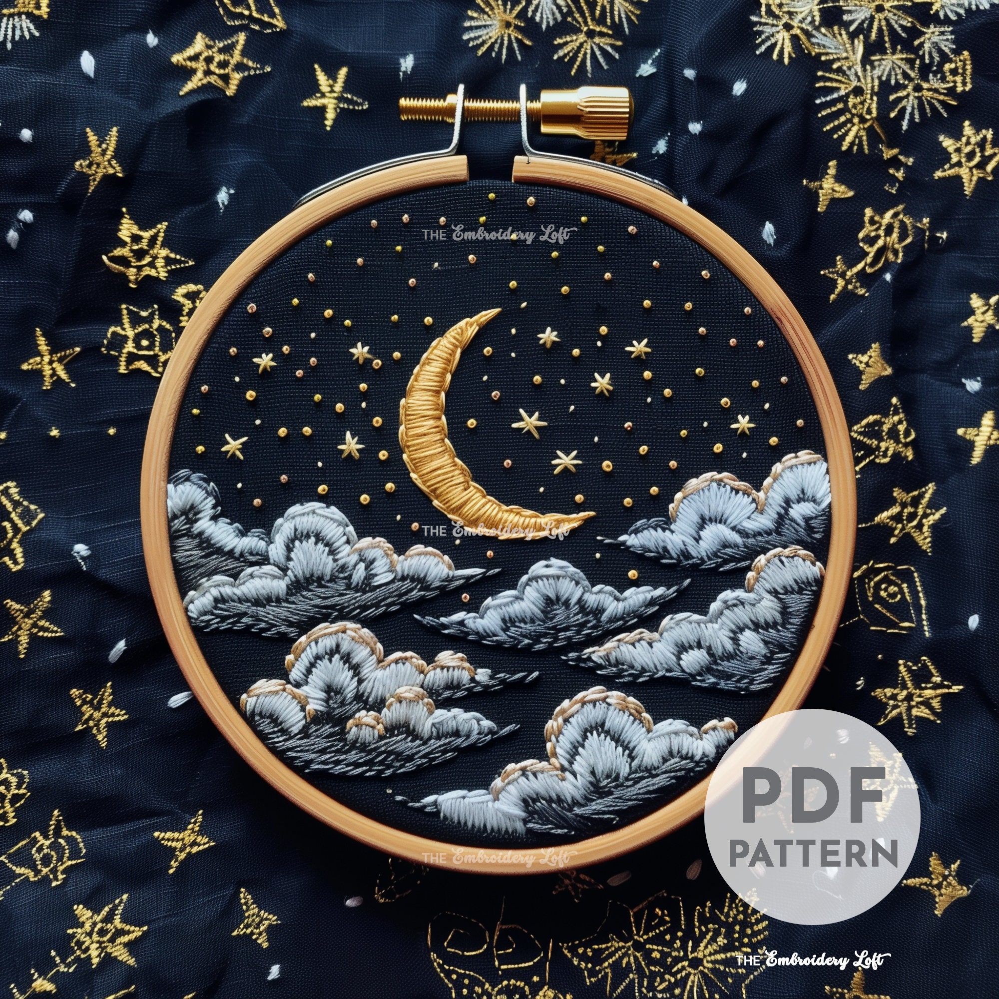 Lunar Night Hand Embroidery Pattern, Mystical Crescent Moon Pattern ...