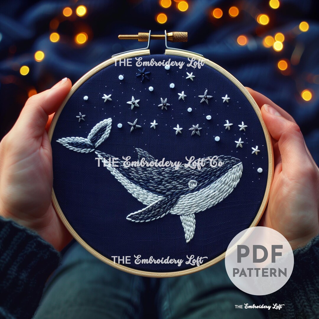 Celestial Whale Hand Embroidery Pattern, Blue Whale With Stars, Cute ...