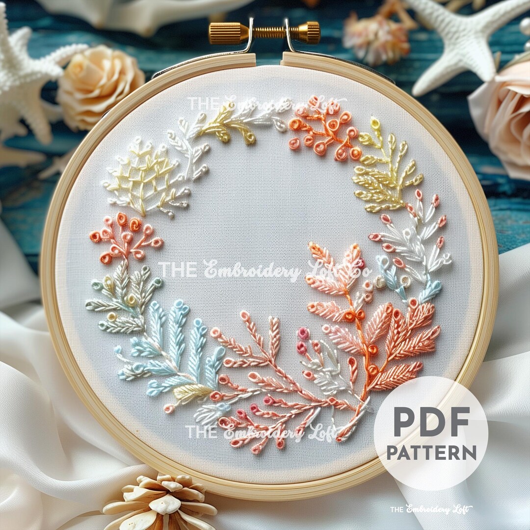 Coral Wreath Hand Embroidery Pattern, Pastel Coral Pattern, Ocean ...