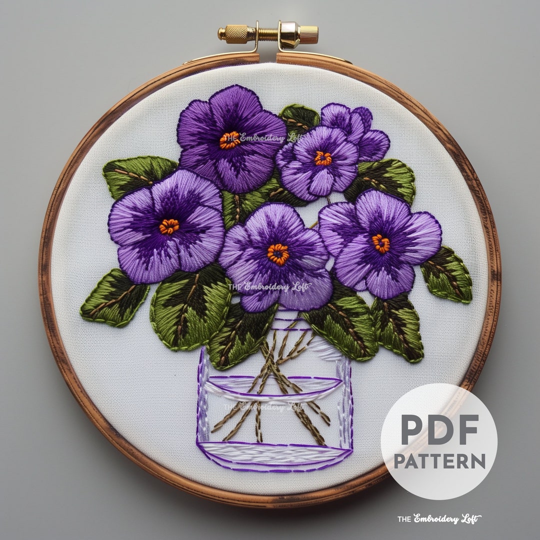 Vase of Pansies Hand Embroidery Pattern, Purple Pansies Pattern, Violet ...