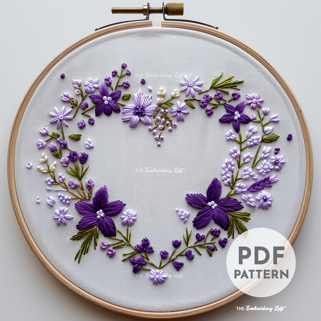 Purple Floral Heart Wreath Hand Embroidery Pattern, Heart Shaped Wreath ...