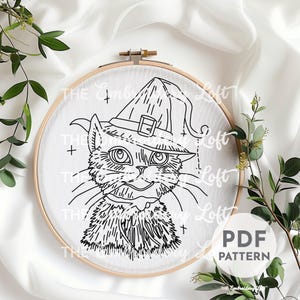 Witchy Cat Hand Embroidery Pattern, Witchy Black Cat Embroidery Pattern ...