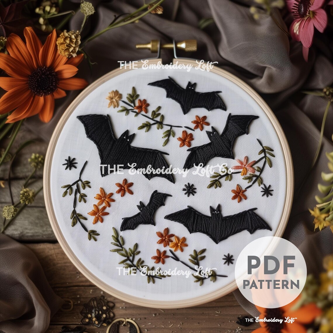 Floral Bats Hand Embroidery Pattern, Halloween Embroidery Pattern, Bats ...