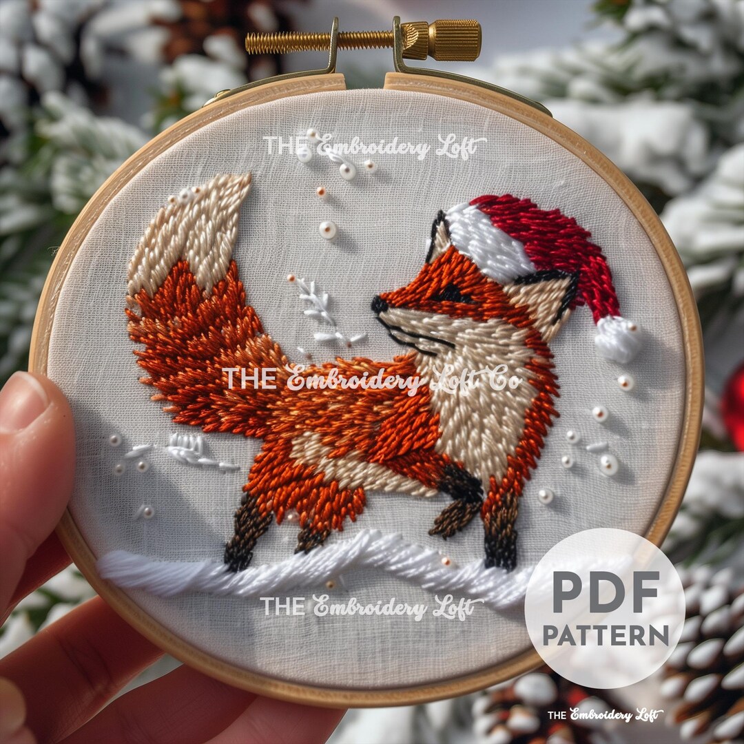 Winter Fox Hand Embroidery Pattern, Fox With Santa Hat Design ...
