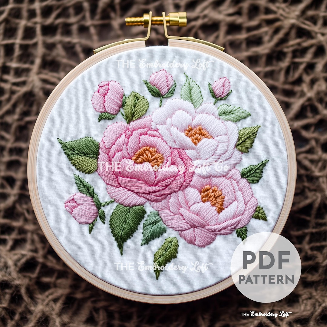 Pink Peonies Hand Embroidery Pattern, Peonies Embroidery, Floral ...