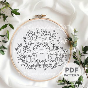 Autumn Frog Hand Embroidery Pattern, Floral Frog Embroidery, Frog With ...