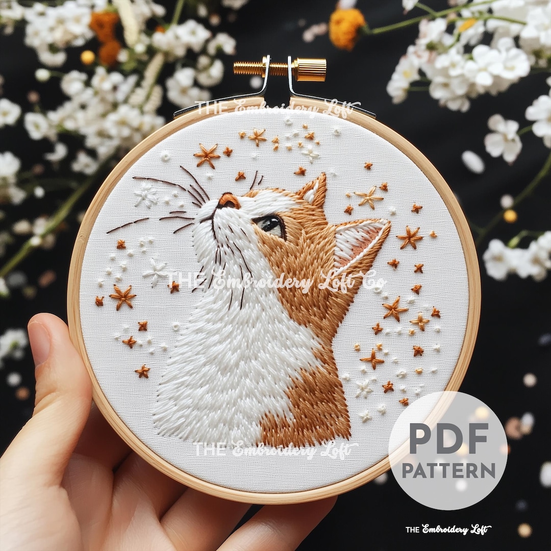 Cat With Stars Hand Embroidery Pattern, Cat Design, Cat Embroidery, Pet ...