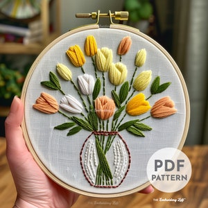 Vase of Tulips Hand Embroidery Pattern, Yellow Tulips Pattern, Tulip ...