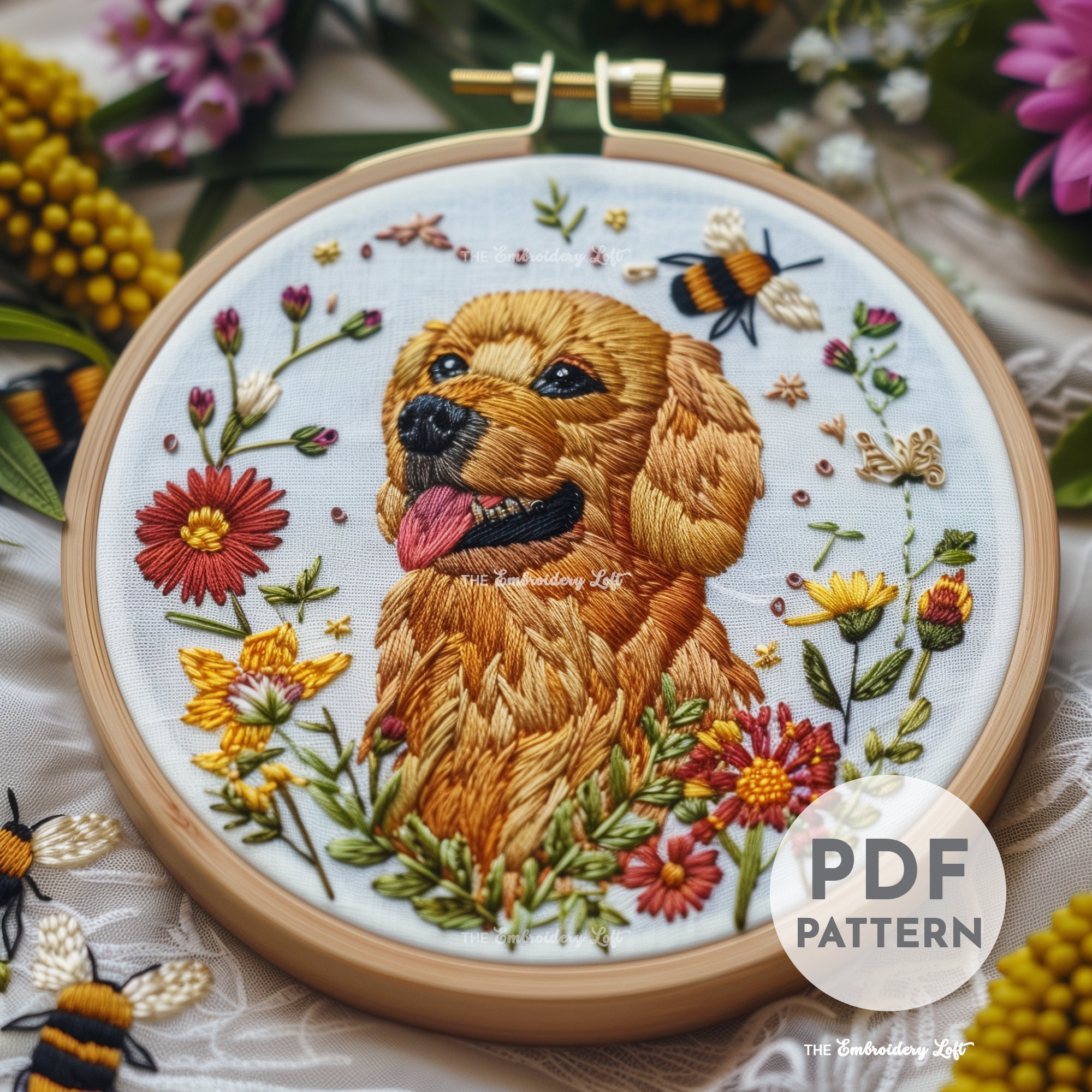 Golden Retriever Hand Embroidery Pattern, Golden Retriever Dog, Pet ...