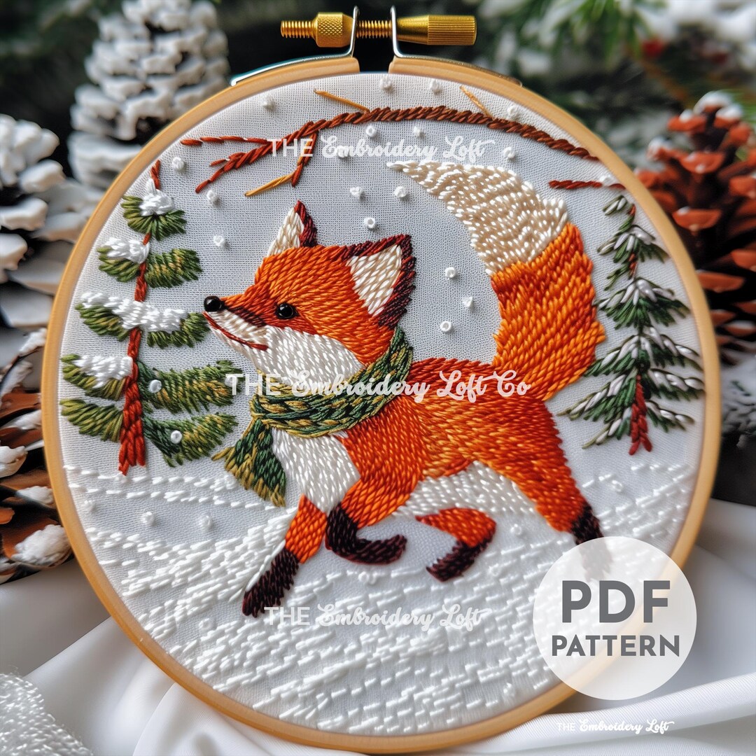 Winter Fox Hand Embroidery Pattern, Winter Fox With Scarf Design ...