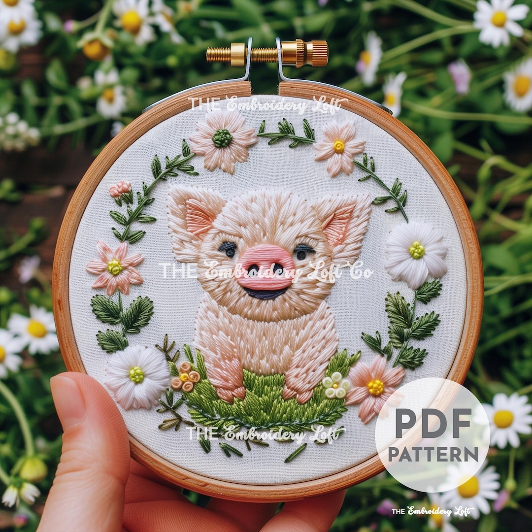 Baby Pig Hand Embroidery Pattern, Floral Pig Pattern, Cute Pig, Farm ...