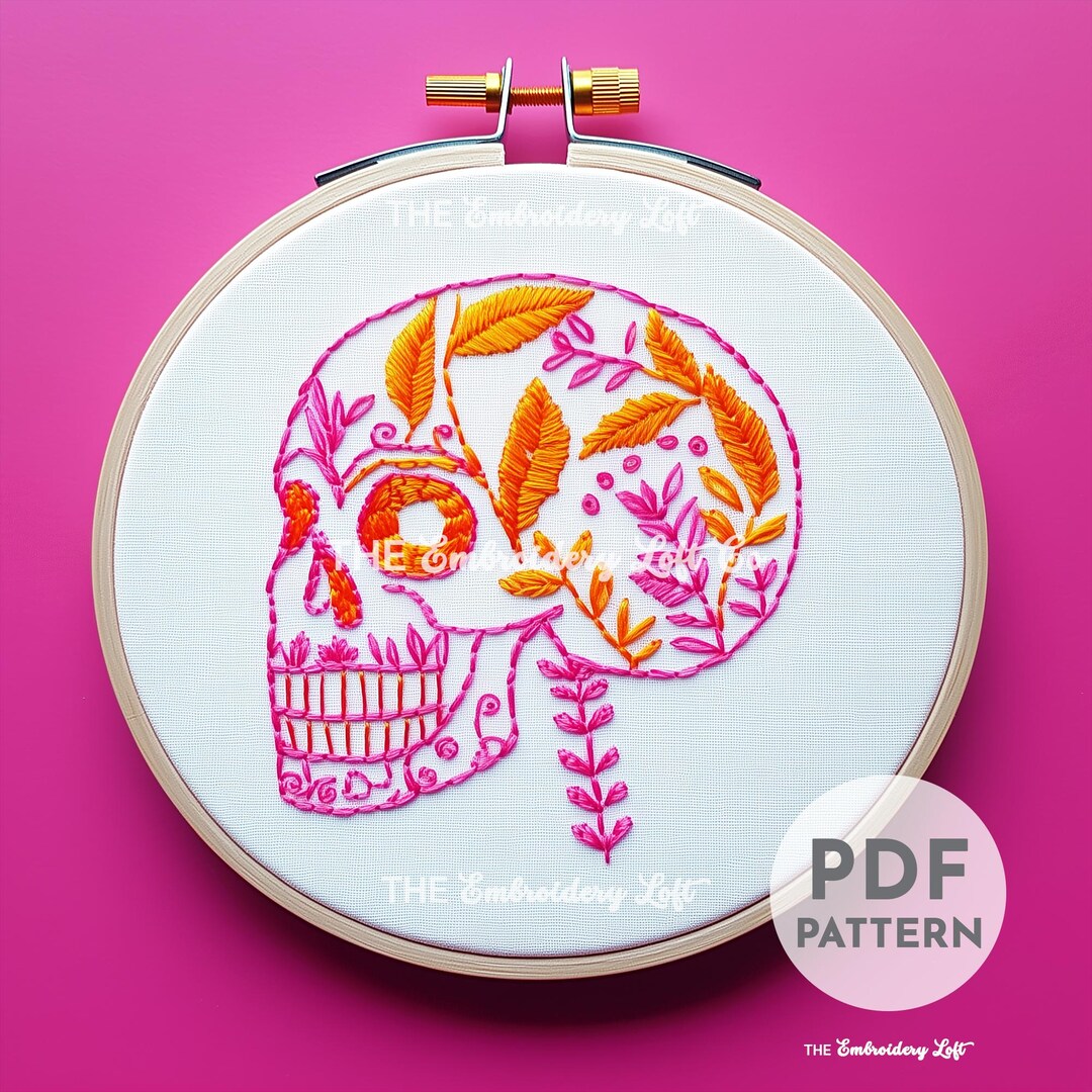 Retro Floral Skull Hand Embroidery Pattern, Skeleton Embroidery, Skull ...
