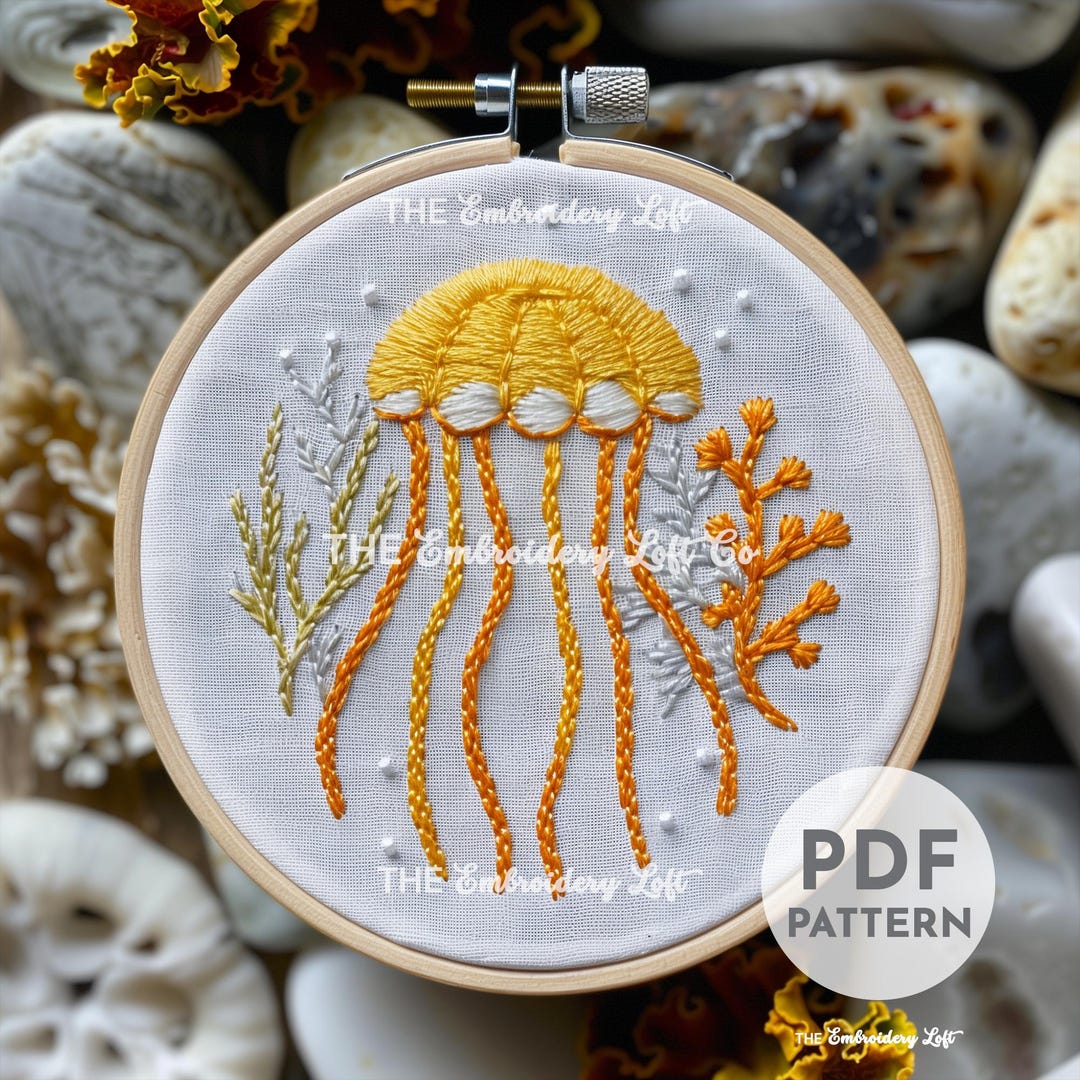 Yellow Jellyfish Hand Embroidery Pattern, Jellyfish Embroidery Design ...