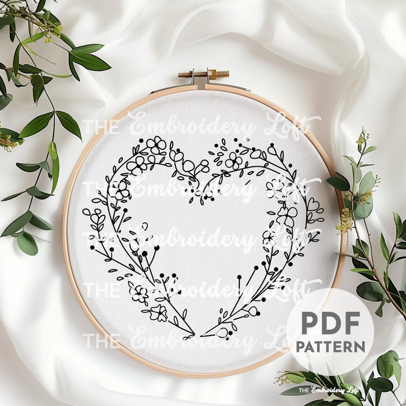Dainty Floral Heart Wreath Hand Embroidery Pattern, Heart Shaped Wreath ...