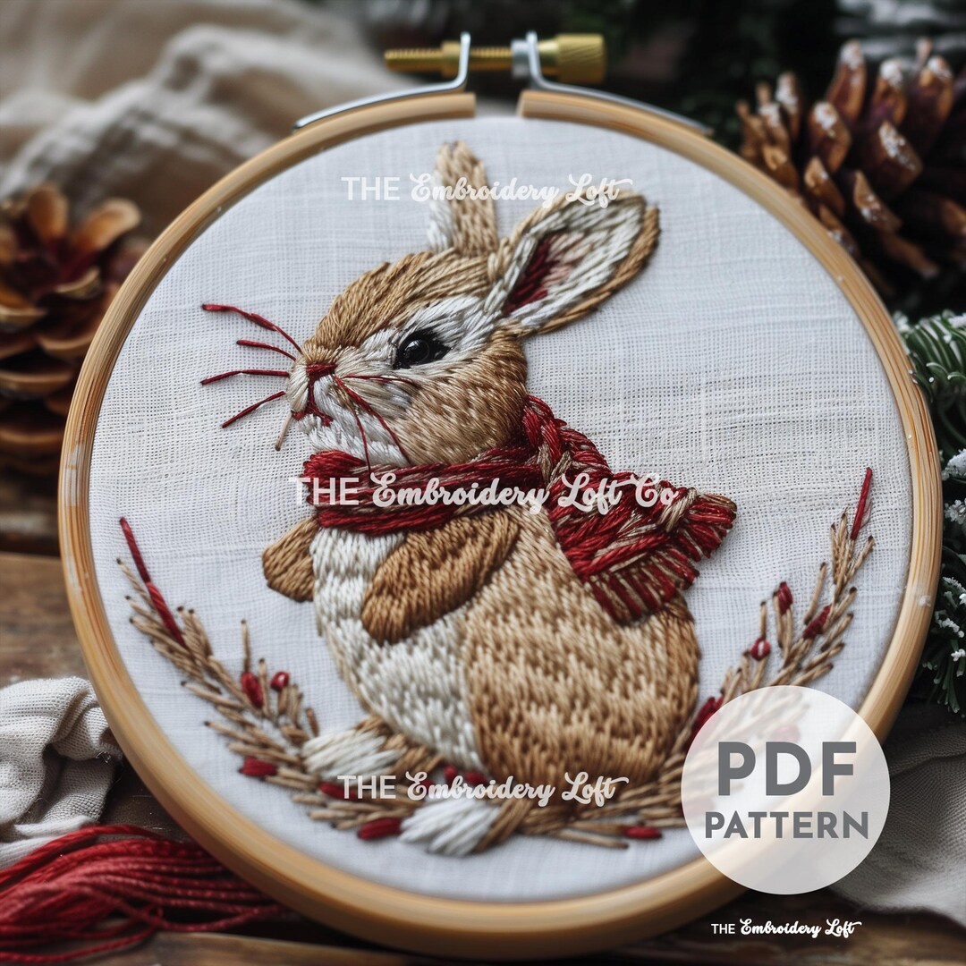 Winter Bunny Hand Embroidery Pattern, Rabbit With Scarf, Christmas ...