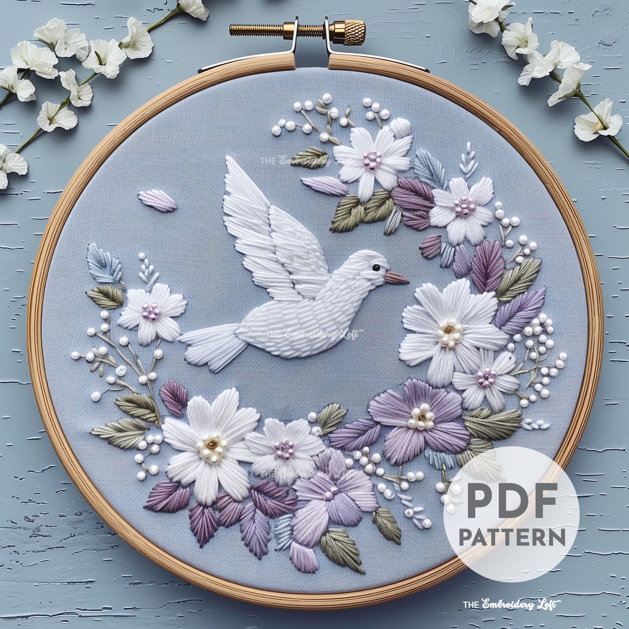 Purple Dove Hand Embroidery Pattern, Floral Dove Pattern, Dove ...