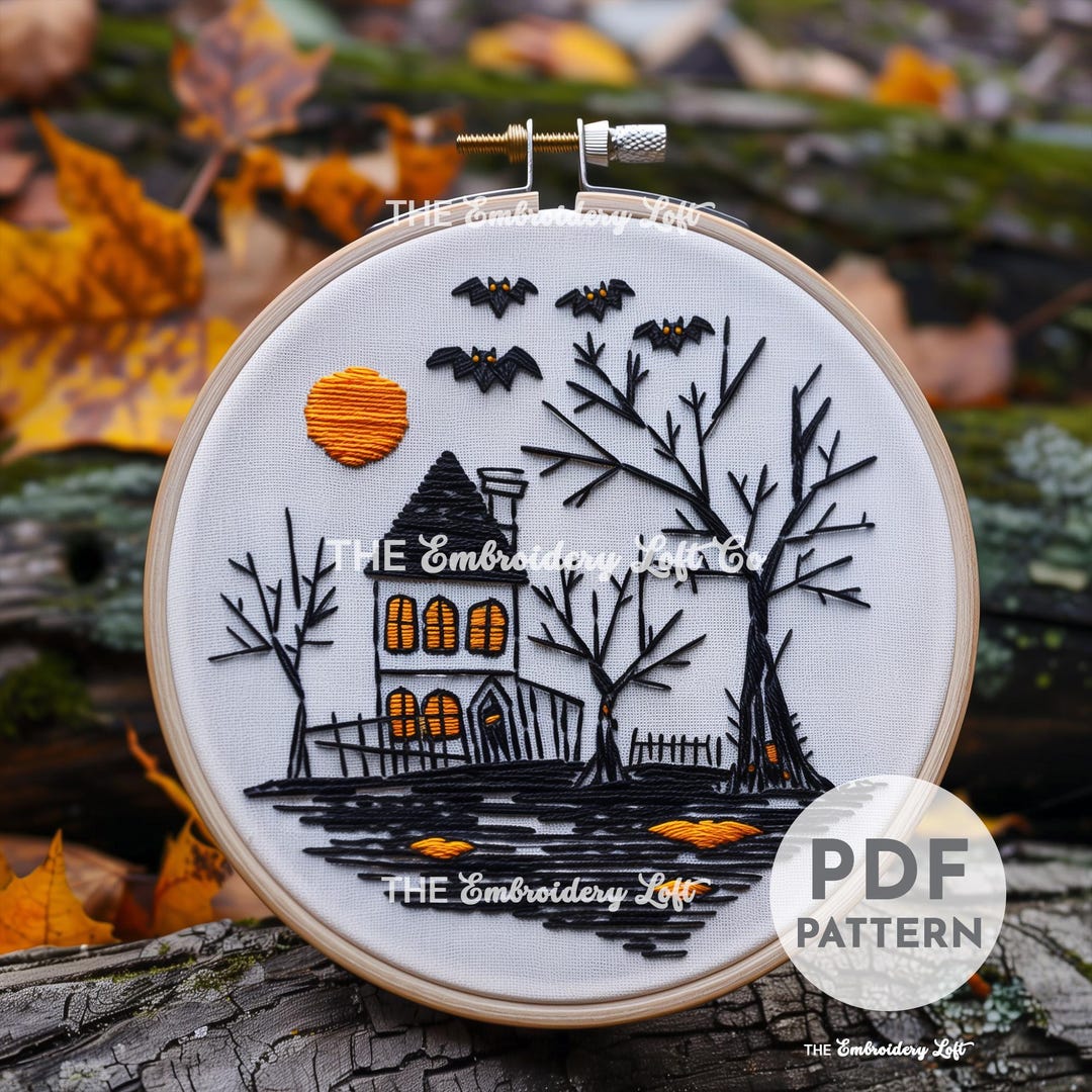 Haunted House Hand Embroidery Pattern, Spooky Embroidery, Halloween ...