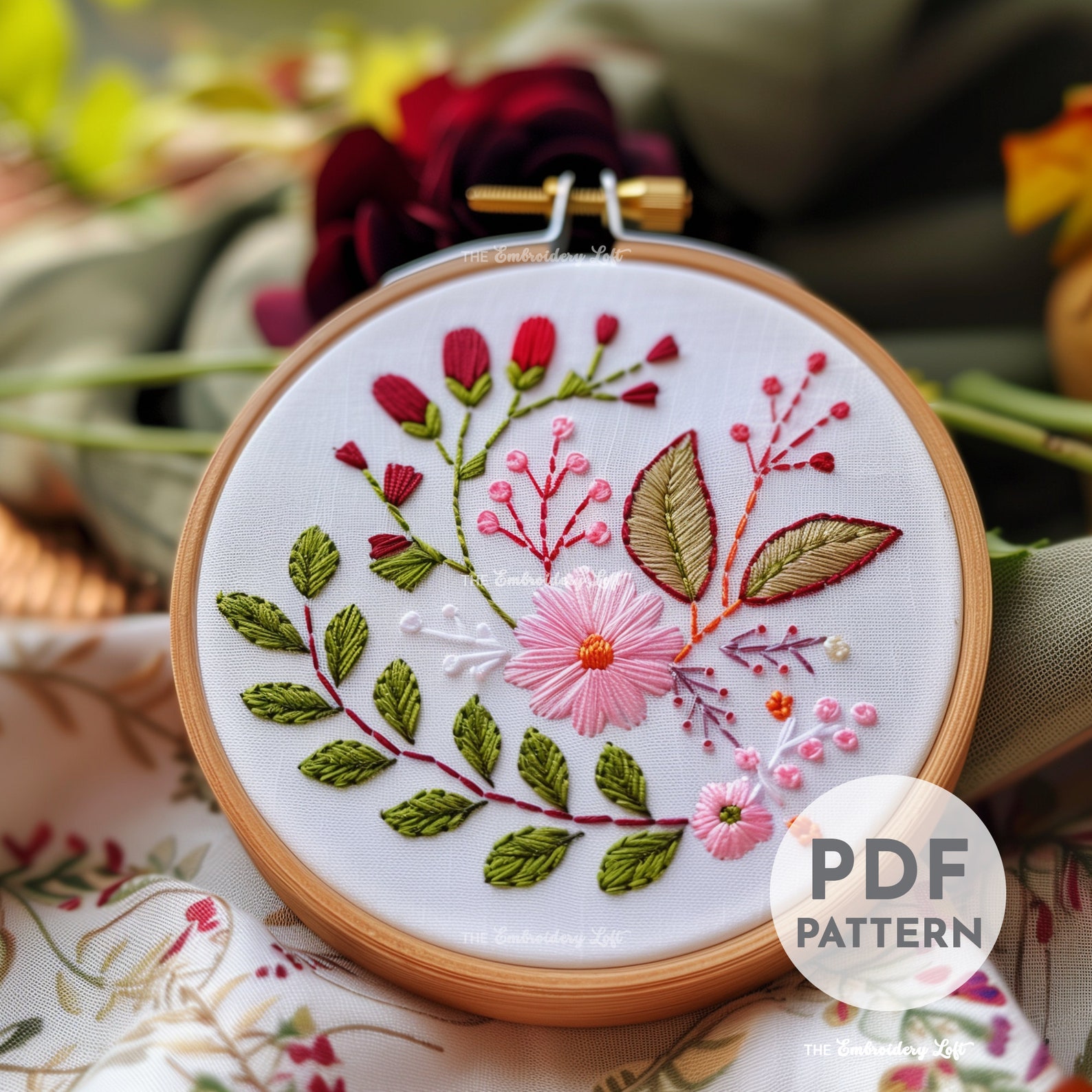 Pink Folk Flower Hand Embroidery Pattern, Folk-style Embroidery, Pink ...