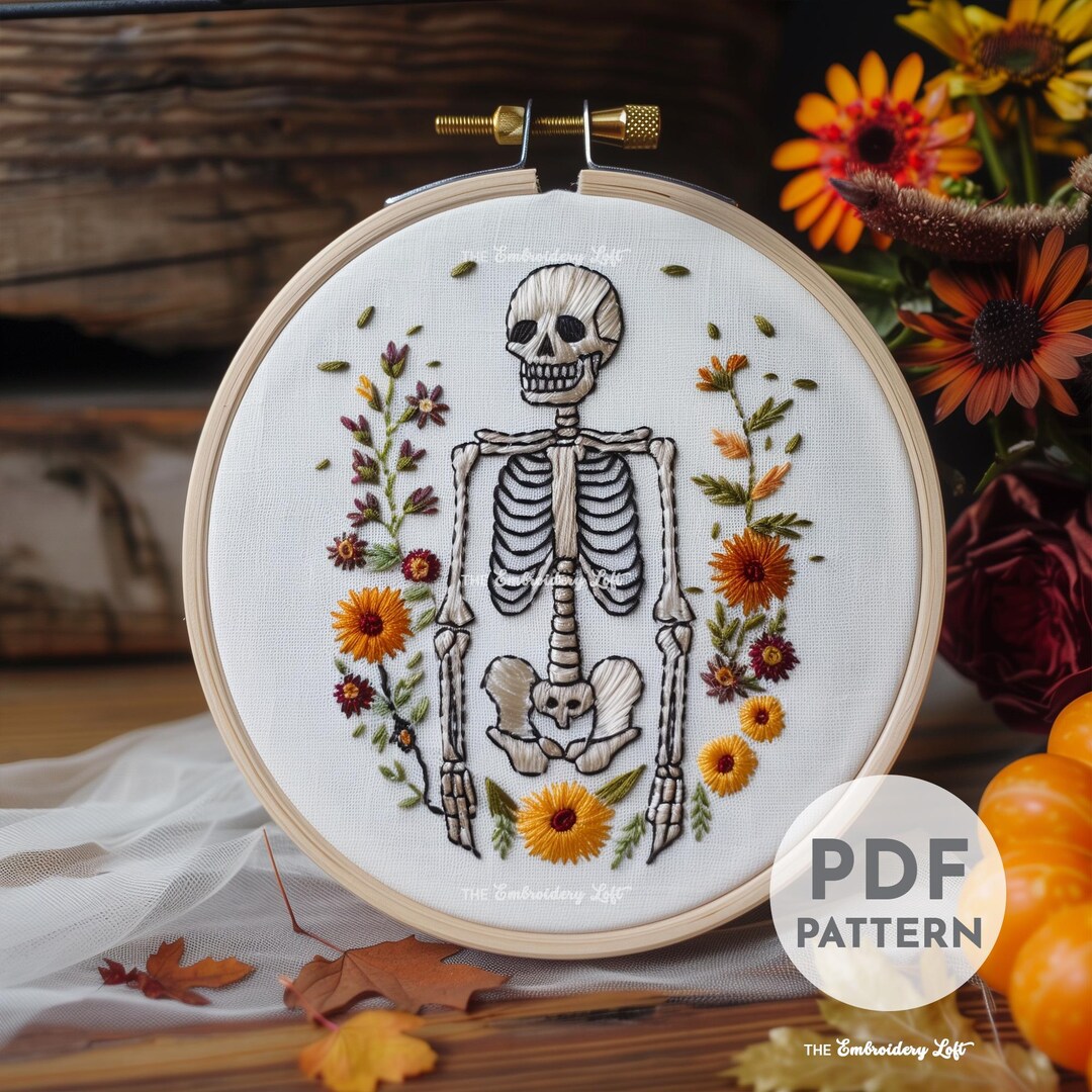 Spooky Skeleton Hand Embroidery Pattern, Skeleton Embroidery, Halloween ...