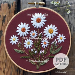 Daisies Hand Embroidery Pattern, Maroon Daisies Pattern, White Flowers ...