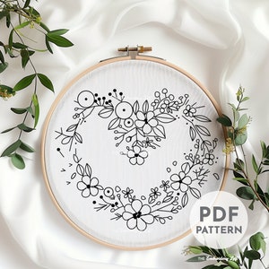 Pink Floral Heart Wreath Hand Embroidery Pattern, Heart Embroidery ...