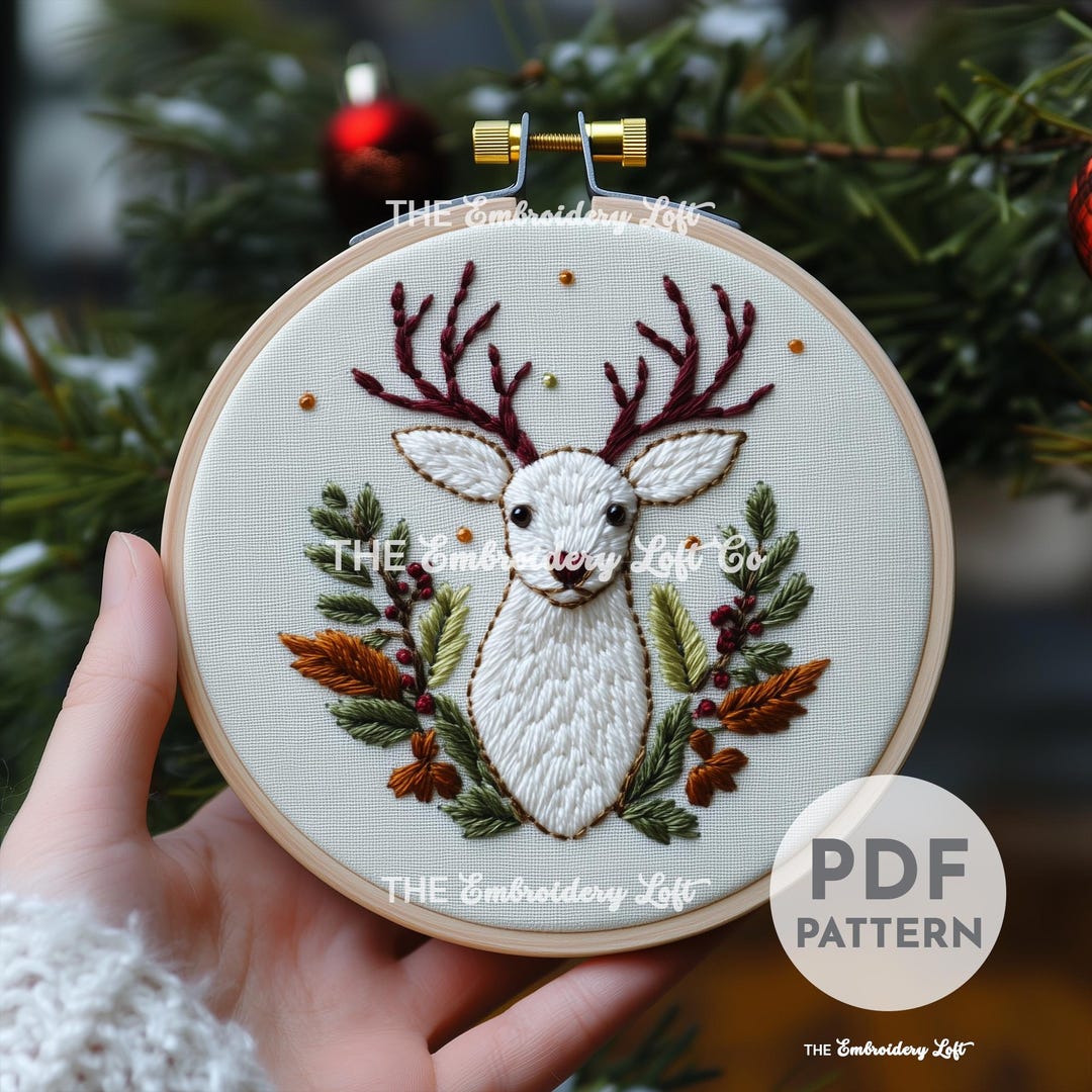 White Reindeer Hand Embroidery Pattern, Christmas Embroidery Decor ...
