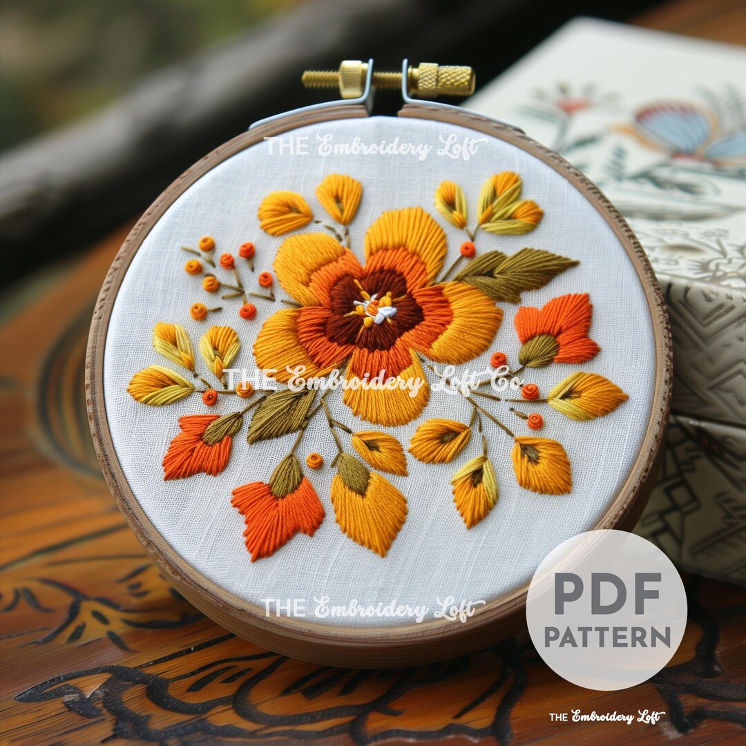 Orange Folk Flower Hand Embroidery Pattern, Folk-style Embroidery, Folk ...