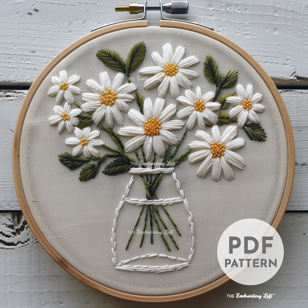 Vase of Daisies Hand Embroidery Pattern, White Daisies Pattern, April ...