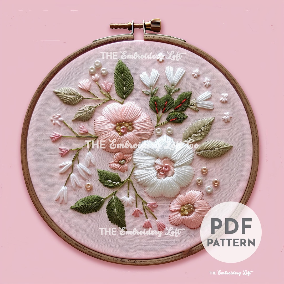 Pink and White Flowers Hand Embroidery Pattern, Pink Flowers Pattern ...