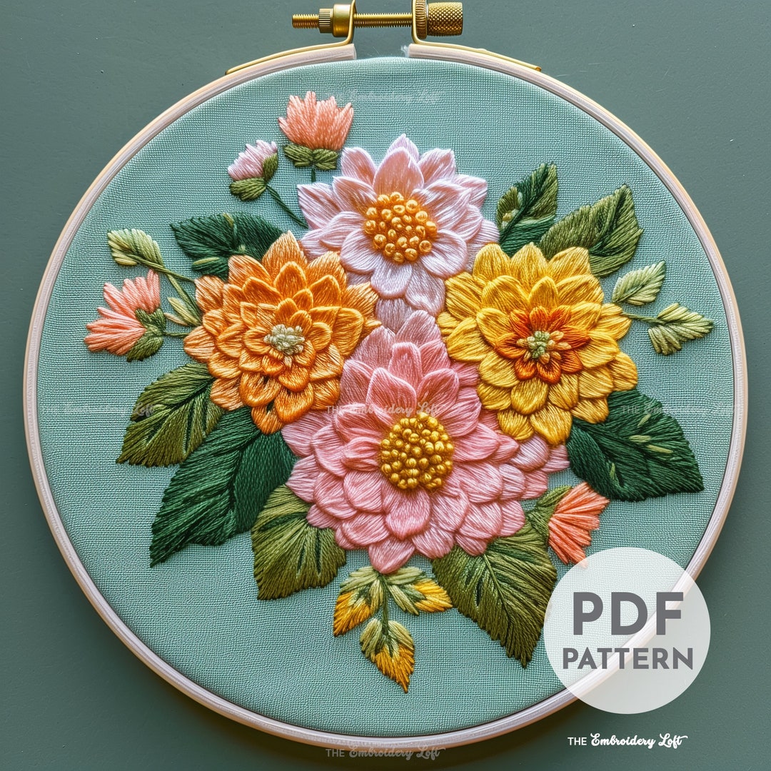 Dahlia Flowers Hand Embroidery Pattern, Dahlia Pattern, Dahlia ...