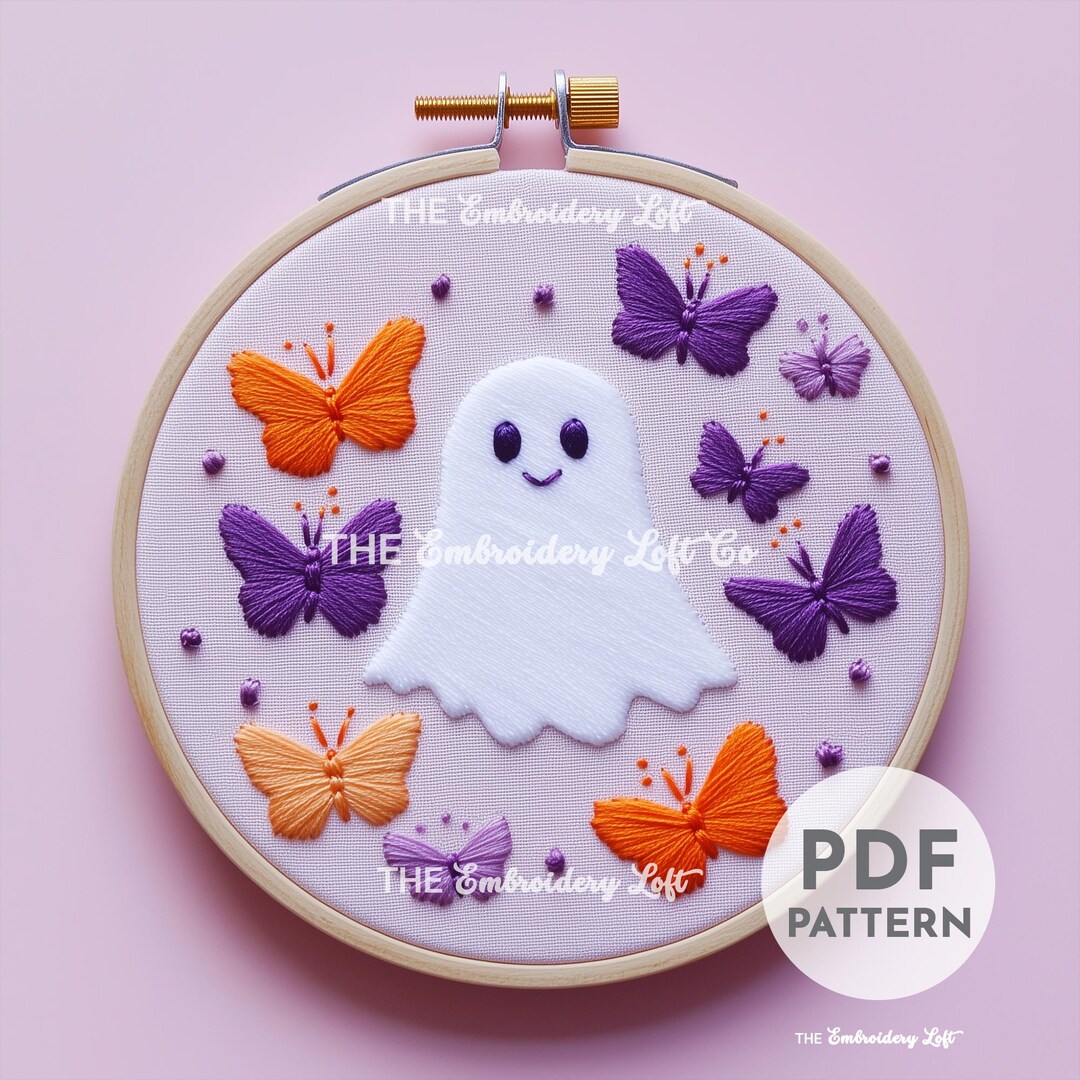 Ghost With Butterflies Hand Embroidery Pattern, Retro Ghost Halloween ...