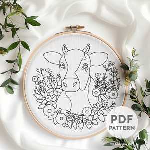 Floral Cow Hand Embroidery Pattern, Cow Pattern, Farm Life Pattern ...