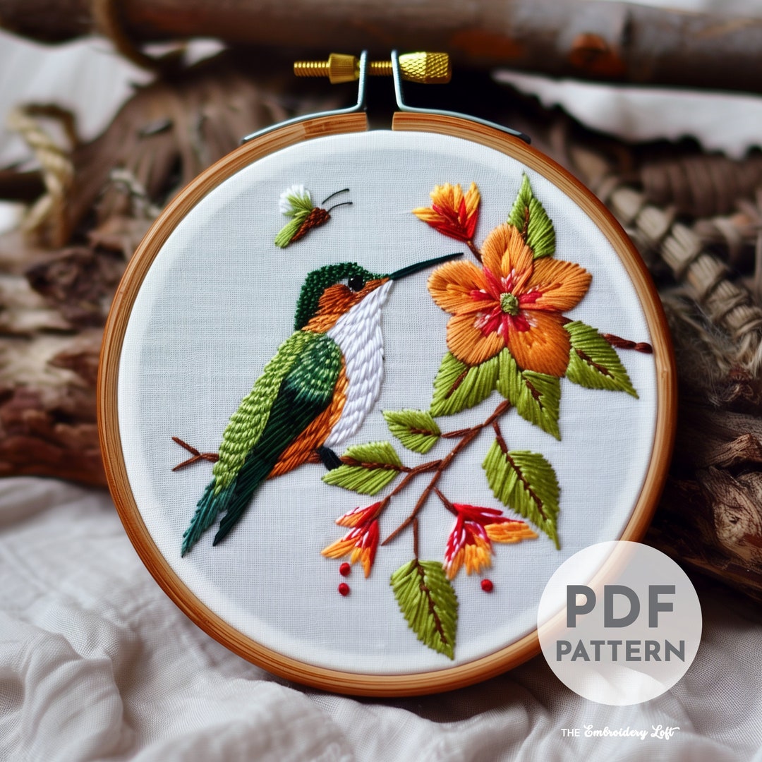 Summer Hummingbird Hand Embroidery Pattern, Hummingbird Pattern, Bird ...