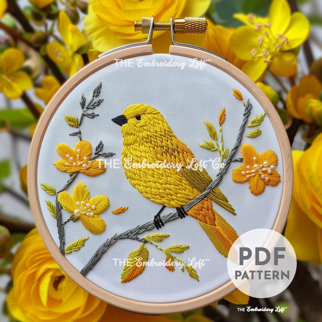 Yellow Canary Hand Embroidery Pattern, Canary Bird, Song Bird, Yellow ...