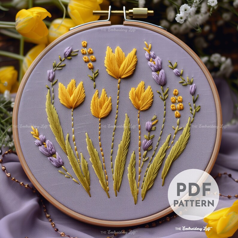 Yellow Tulips Hand Embroidery Pattern, Tulip Pattern, Tulip Embroidery ...