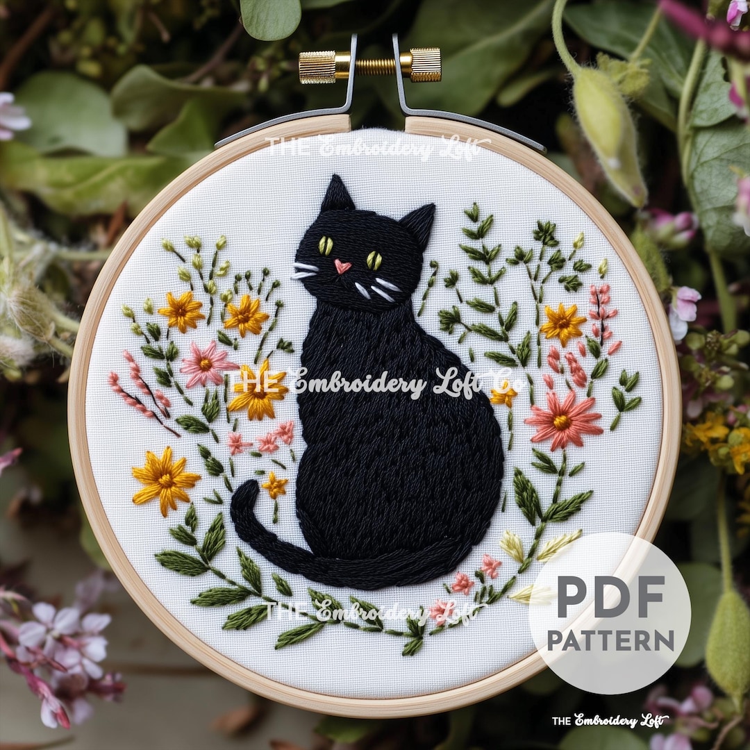 Black Cat Hand Embroidery Pattern, Black Cat Design, Cat Embroidery ...