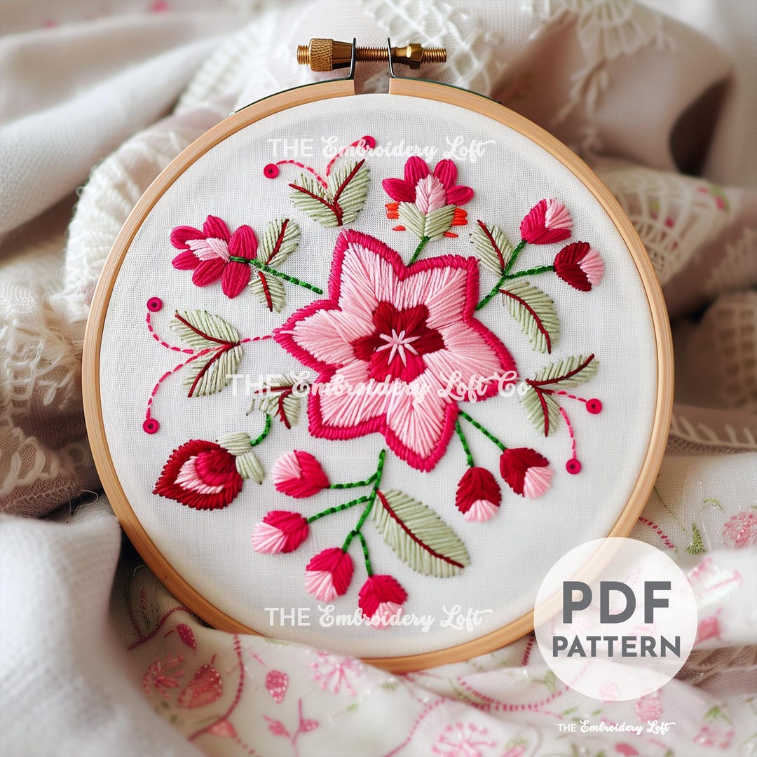 Pink Folk Flower Hand Embroidery Pattern, Folk-style Embroidery, Folk ...