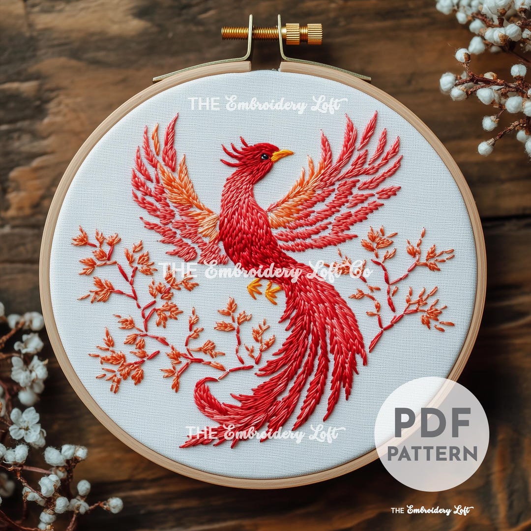 Red Phoenix Hand Embroidery Pattern, Phoenix Embroidery Pattern ...
